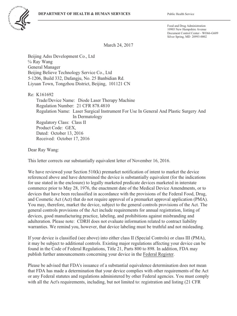Diode Laser FDA Confirmation k161692 | PDF | Federal Food | Food And ...