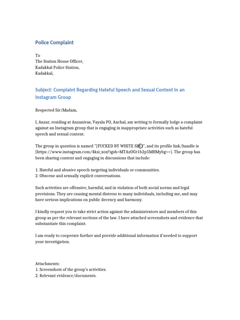 Police Complaint Instagram Group | PDF