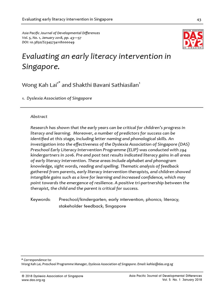 Early Literacy Intervention in Singapore | PDF | Dyslexia | Literacy