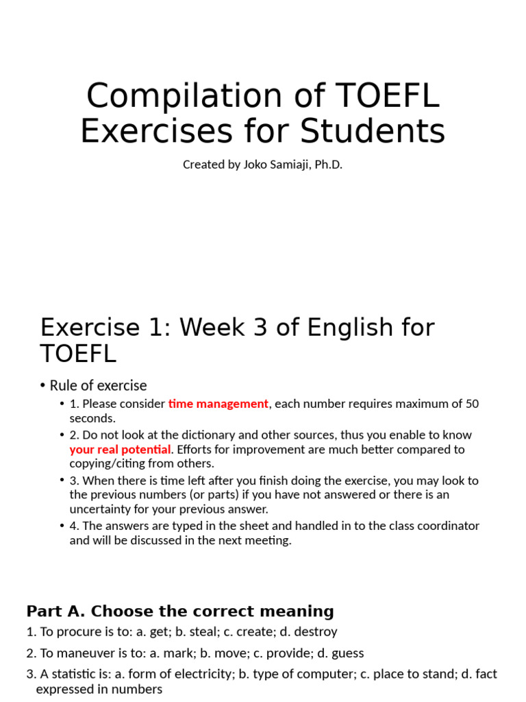 TOEFL Exercises Compilation For Students | PDF