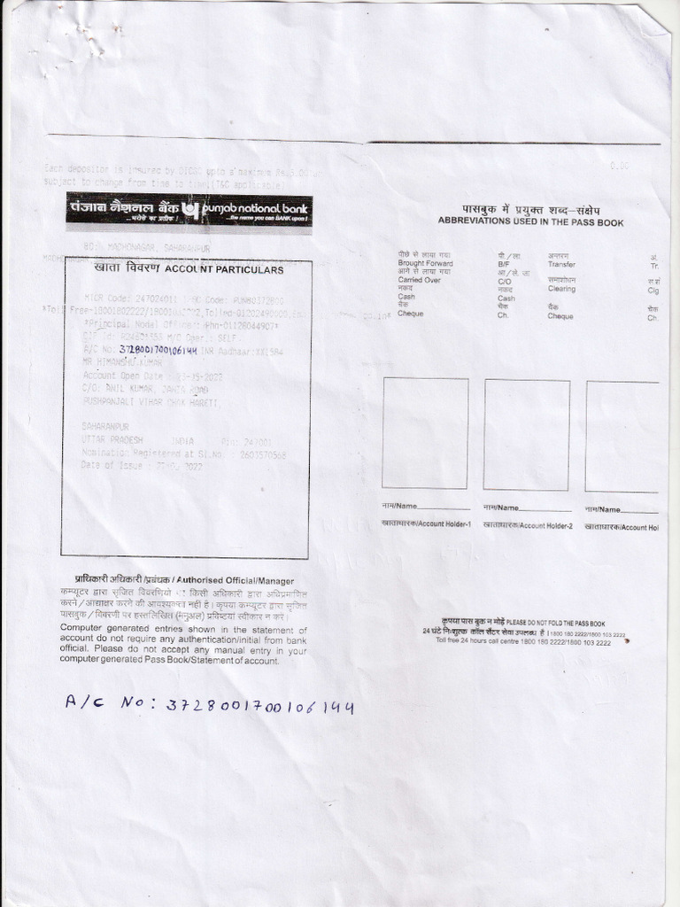 Abbreviations for Pass Book Accounts | PDF