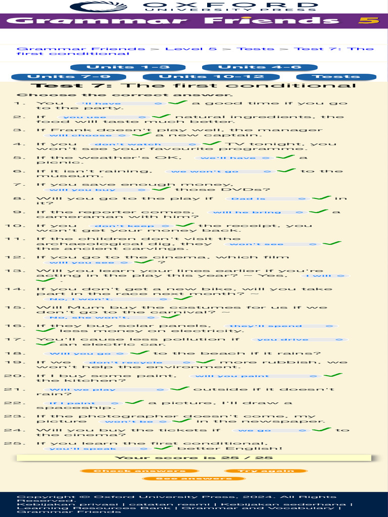Test 7 The First Conditional Grammar Friends Oxford University Press | PDF