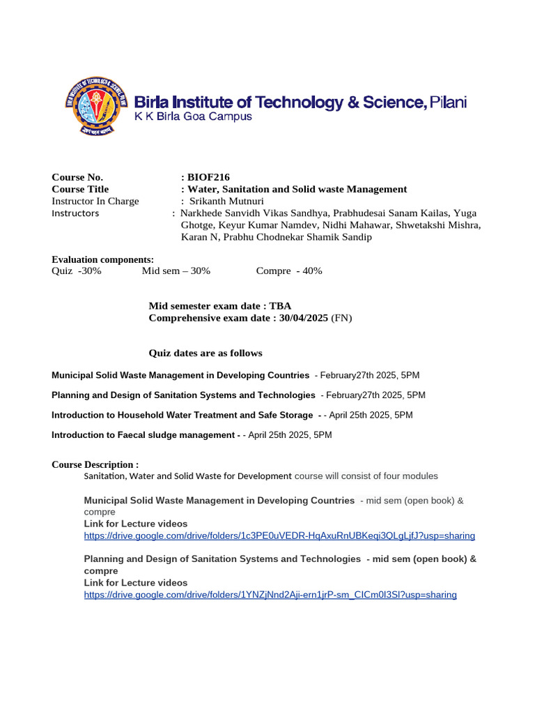 BIOF216 Handout Jan2025 | PDF | Drinking Water | Sanitation