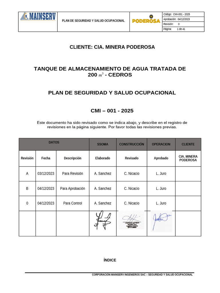 Cmi-Plan de Seguridad-Tanque Deagua - Poderosa - Cedros | PDF | Seguridad y salud ocupacional ...