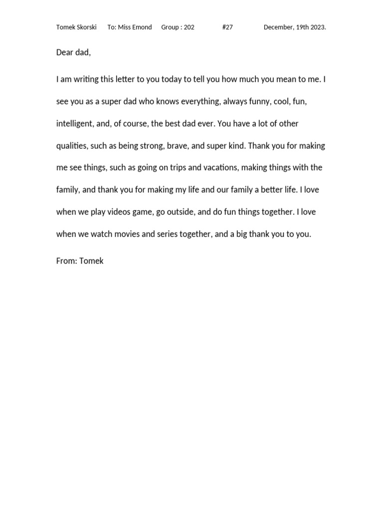 Heartfelt Letter to Dad from Tomek | PDF