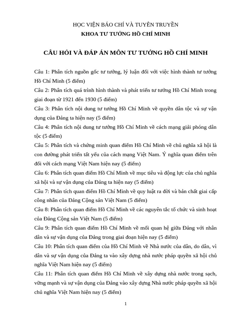 Cau Hoi Va Dap An Mon TTHCM Dai Cuong | PDF