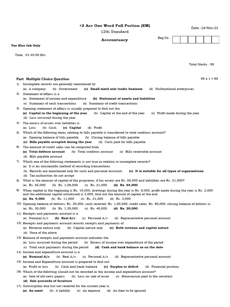 12th Accountancy One Word Question Paper With Answer Keys 2 English Medium PDF Download | PDF ...