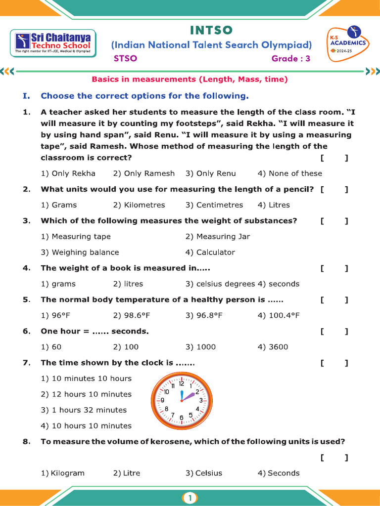 General Science STSO INTSO Grade - 3 2024-25 Measurements | PDF