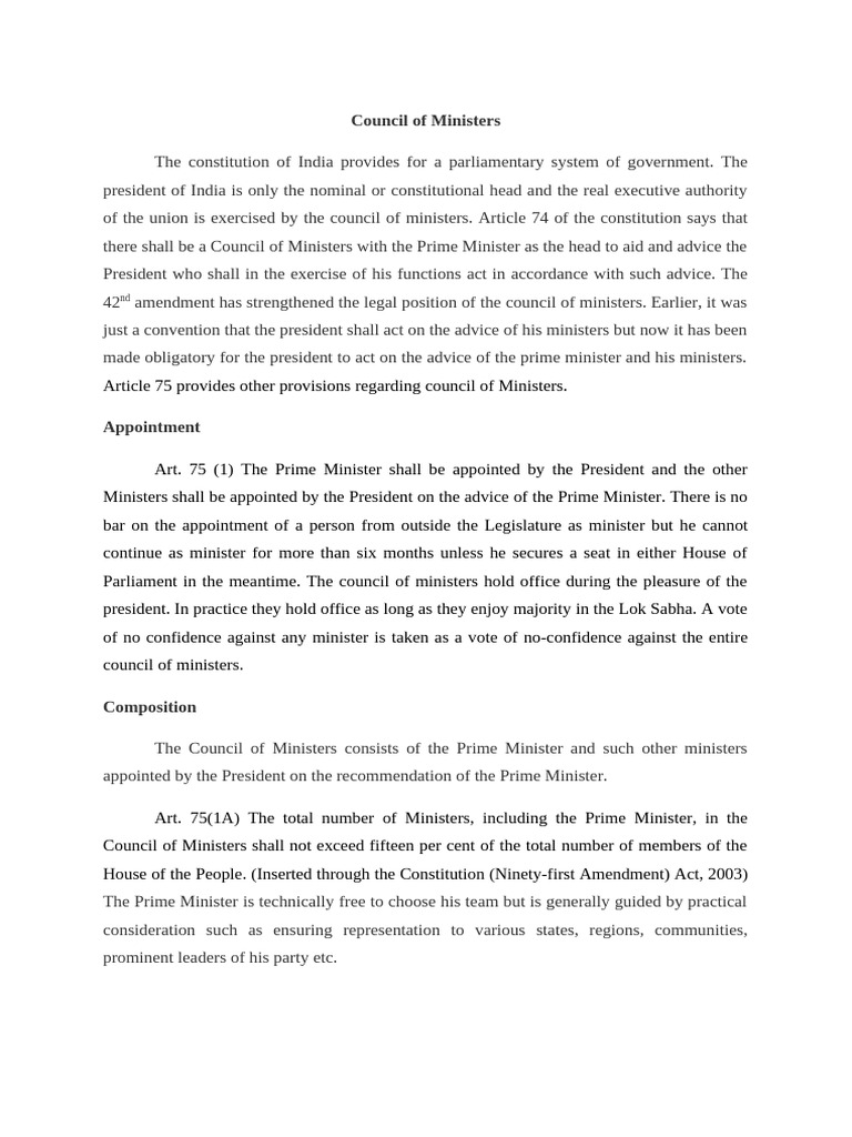 Council of Ministers Notes | PDF | Cabinet (Government) | Prime Minister