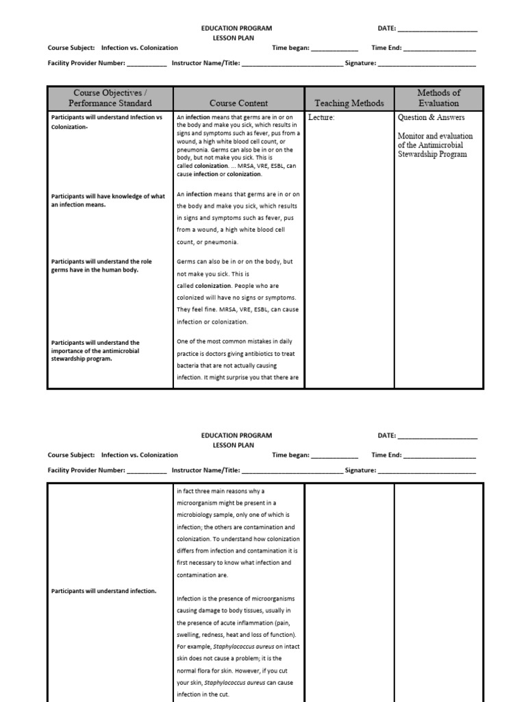 Infection vs Colonization Lesson Plan.pdf | PDF | Infection | Bacteria