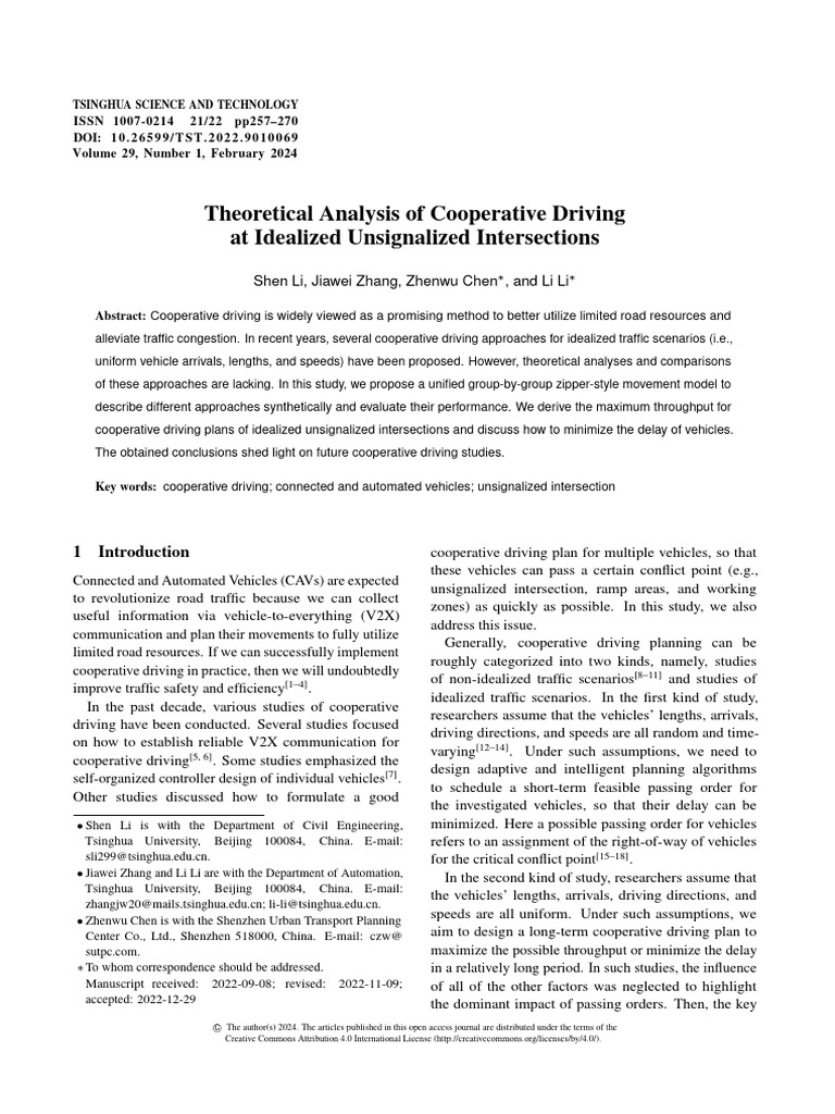 Theoretical Analysis of Cooperative Driving at Idealized Unsignalized Intersections | PDF ...