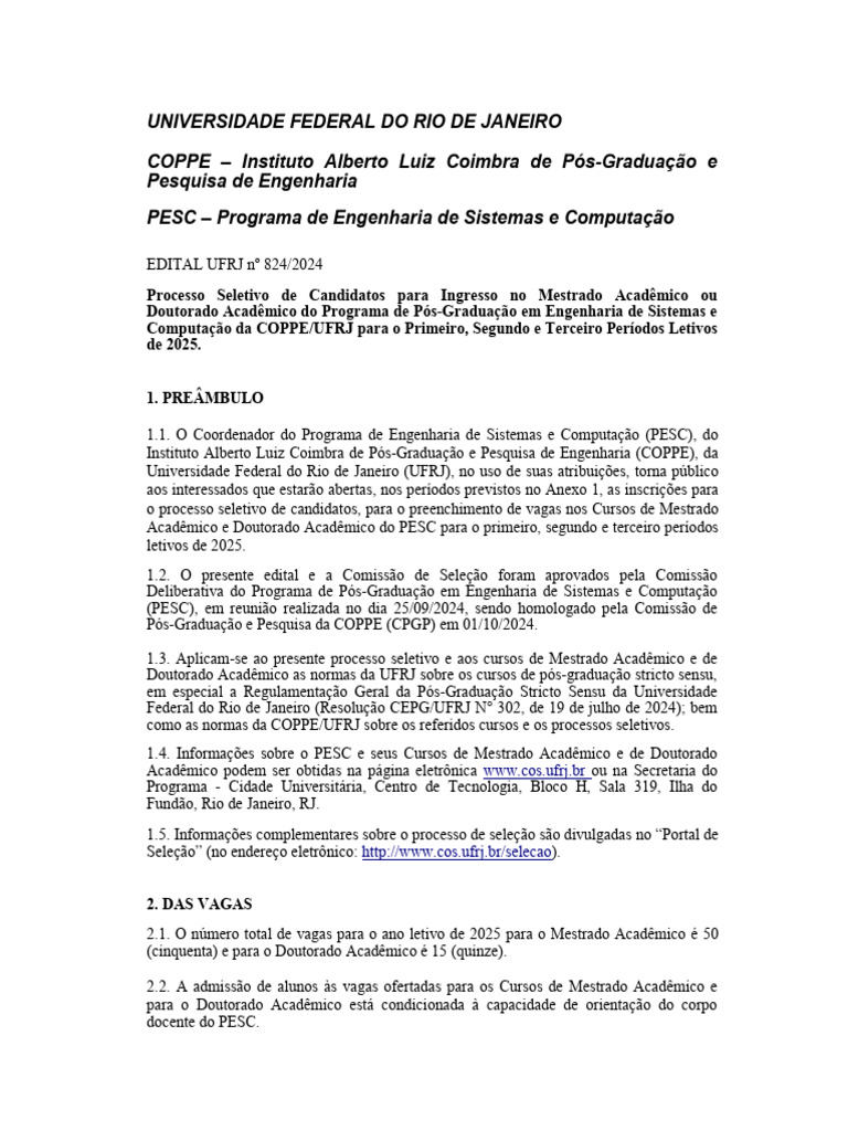 Edital de Seleção PESC 2025 UFRJ | PDF | Pós-graduação | Mestrado