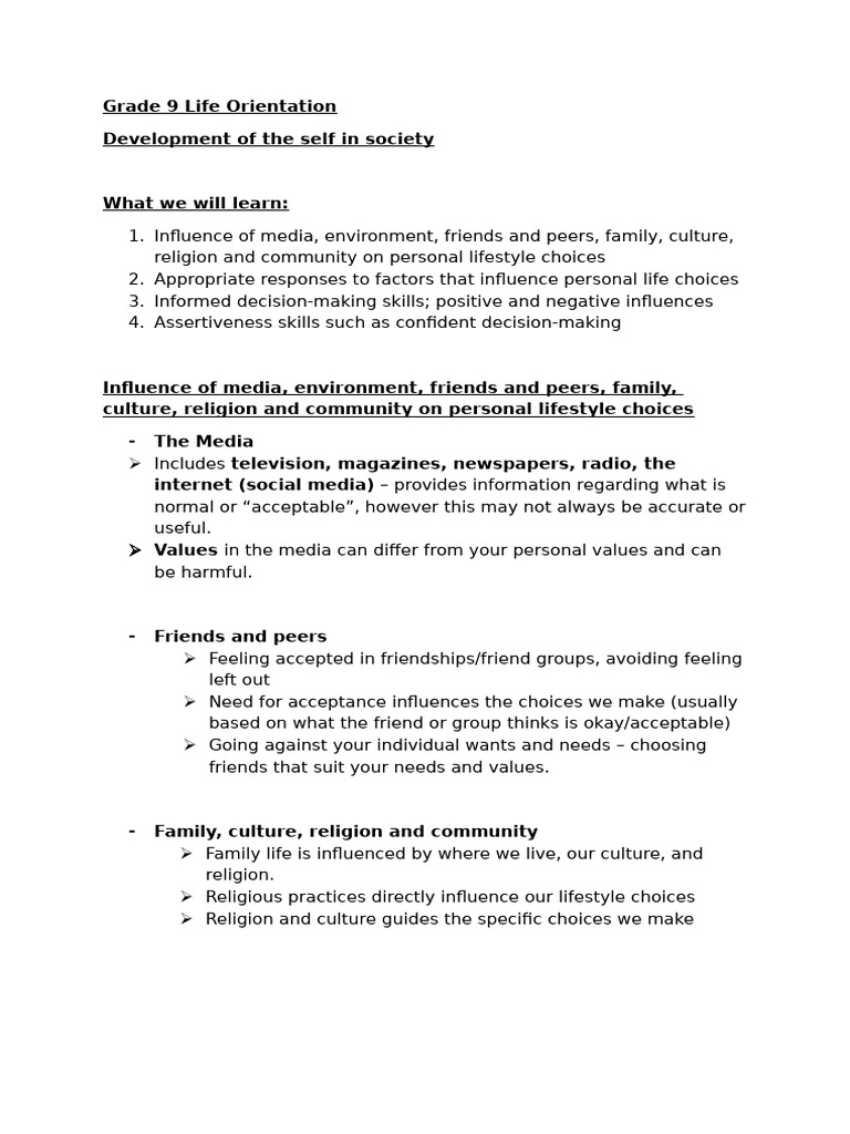 Influences on Grade 9 Lifestyle Choices | PDF