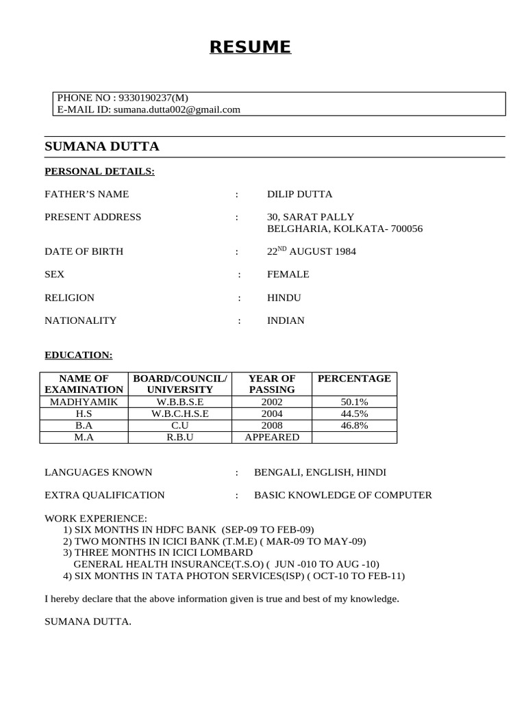 Resume: Sumana Dutta | PDF