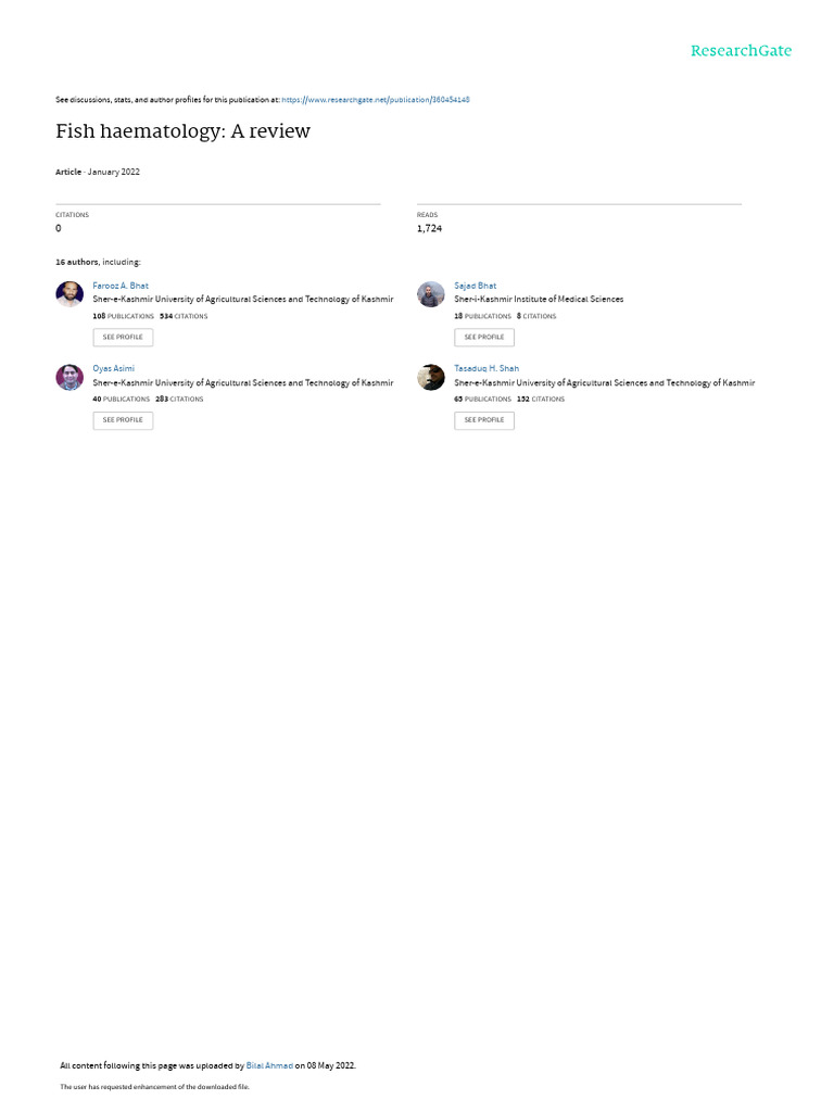 Fish Haematology AReview 2022 | PDF | Red Blood Cell | Hemoglobin