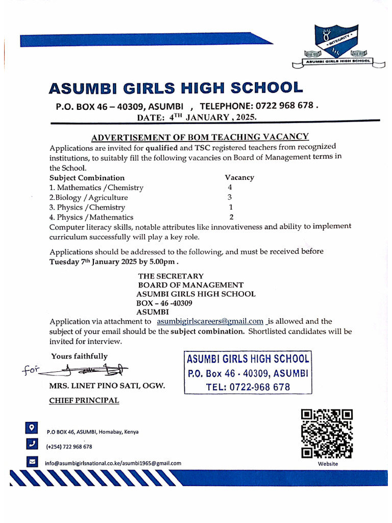 Asumbi Girls BOM vacancies | PDF