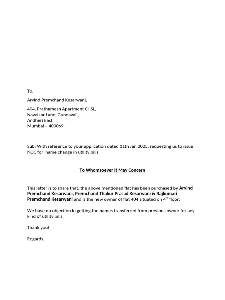 NOC for Utility Bill Name Change | PDF