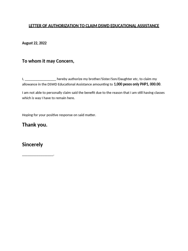 DSWD Educational Assistance Authorization Letter | PDF