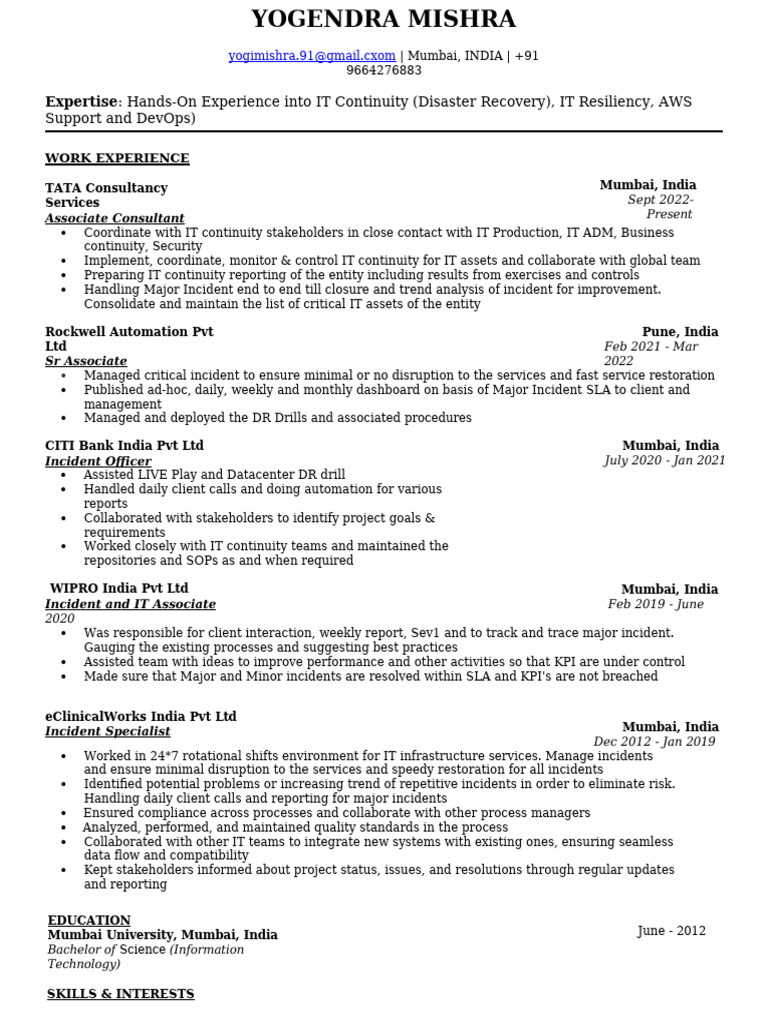 Yogendra MIshra Resume ITC | PDF | Emergency Management | Information Technology