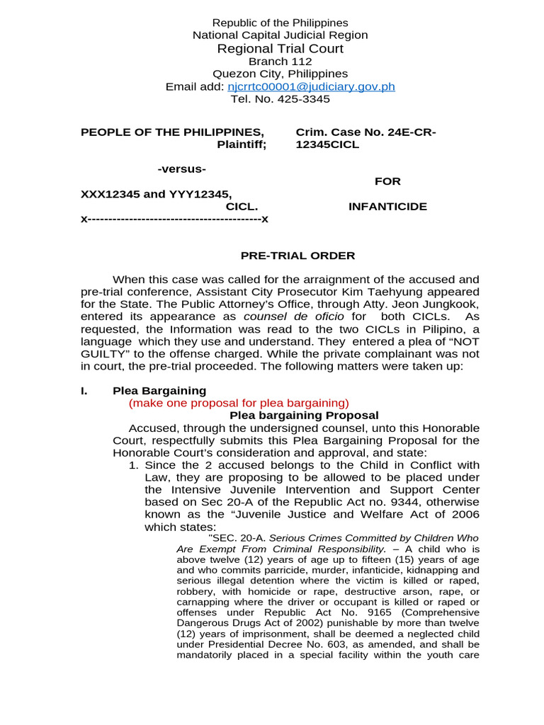 Pre-Trial Order for Infanticide Case | PDF | Plea | Witness