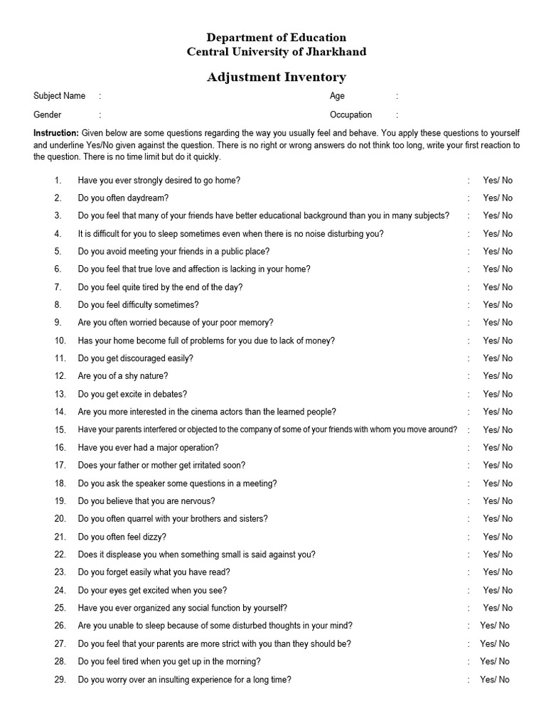 Adjustment Inventory Tool | PDF | Behavioural Sciences | Psychology