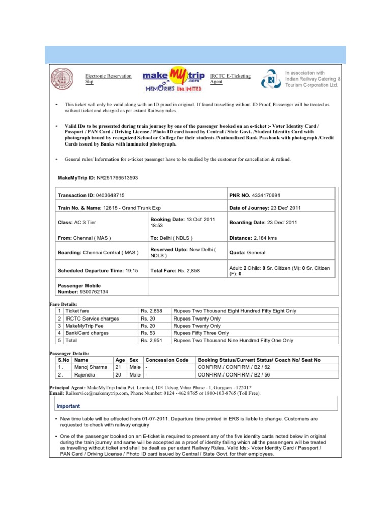 Electronic Reservation Slip | PDF | Identity Document | Ticket (Admission)