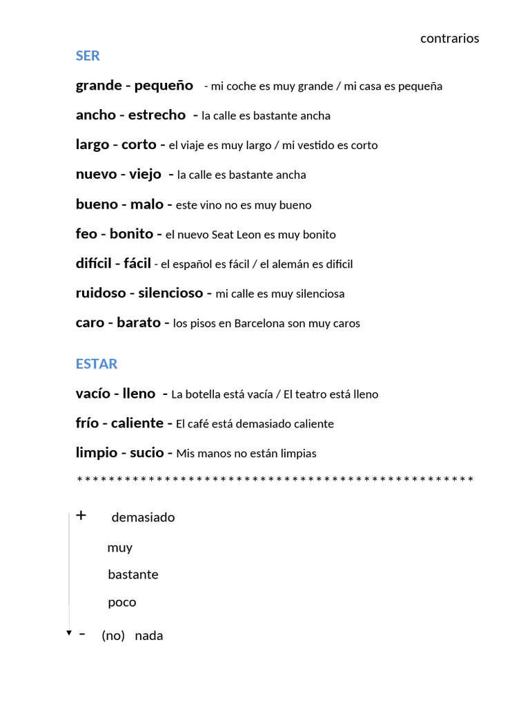 A1-SER-ESTAR Con Adjetivos Contrarios | PDF