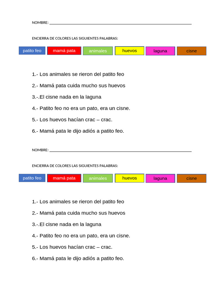 Actividades sobre el Patito Feo | PDF