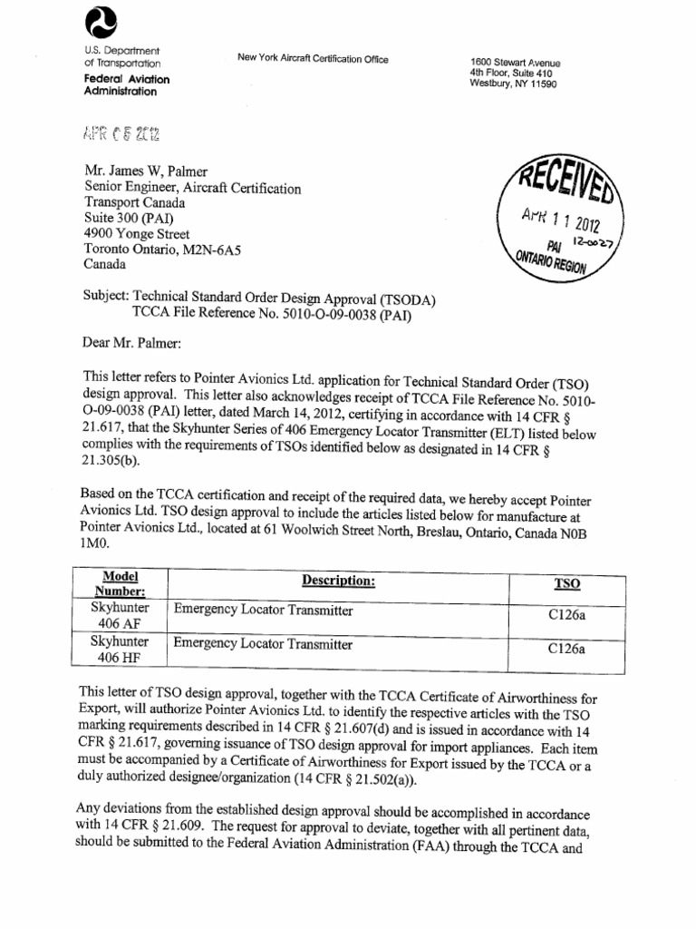 FAA TSO SkyHunter 406 Approval letter FAA TSO SkyHunter 406 Approval letter | PDF