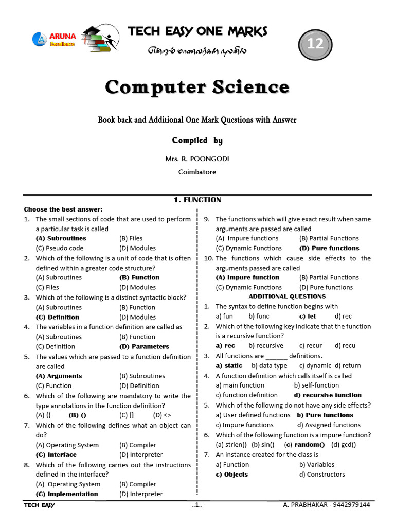 12CS_EM_OneMarks_2025 | PDF | Scope (Computer Science) | Data Type