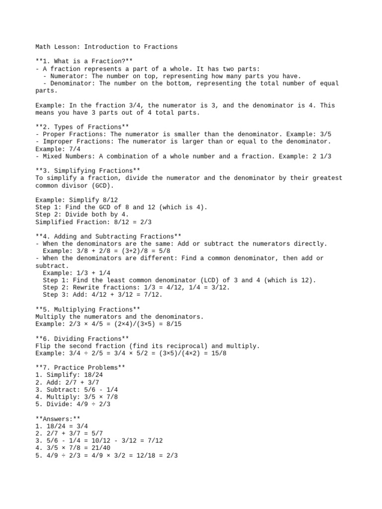 Introduction To Fractions Lesson | PDF