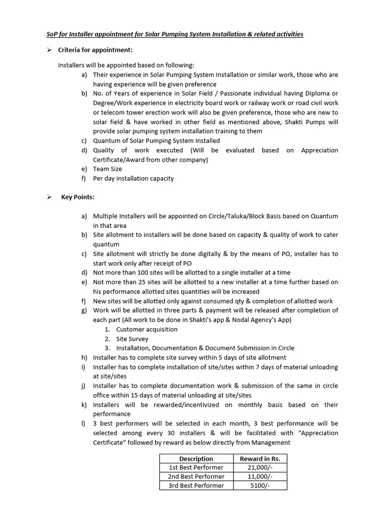 SoP For Installer Appointment For Solar Pumping System Installation | PDF