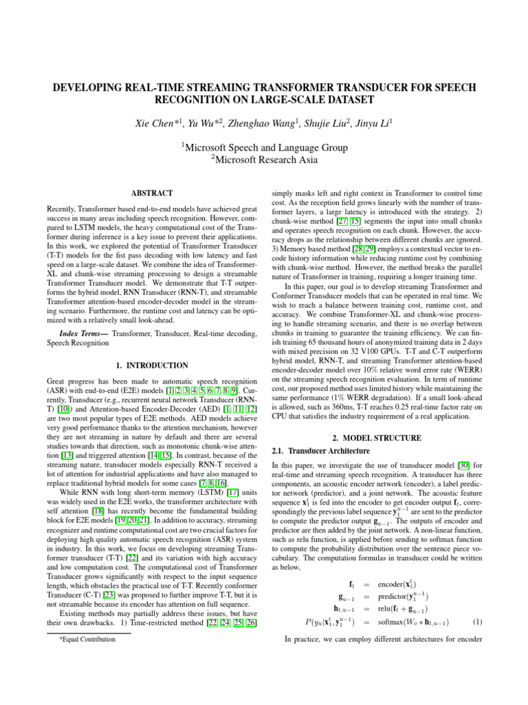 DEVELOPING REAL-TIME STREAMING TRANSFORMER TRANSDUCER FOR SPEECH | PDF | Speech Recognition ...