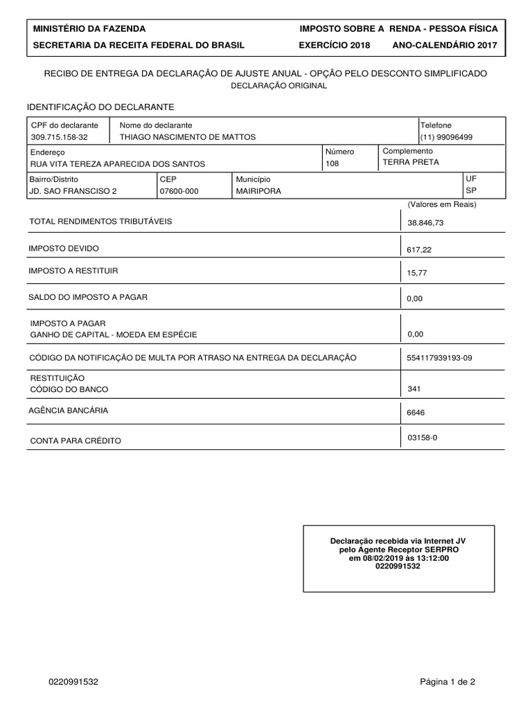 IRPF 2018 2017 Origi Imagem Recibo | PDF | Imposto de Renda | Impostos