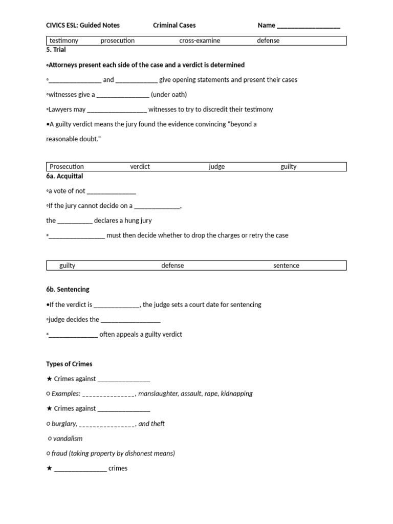 Civics ESL Criminal Case Activity | PDF