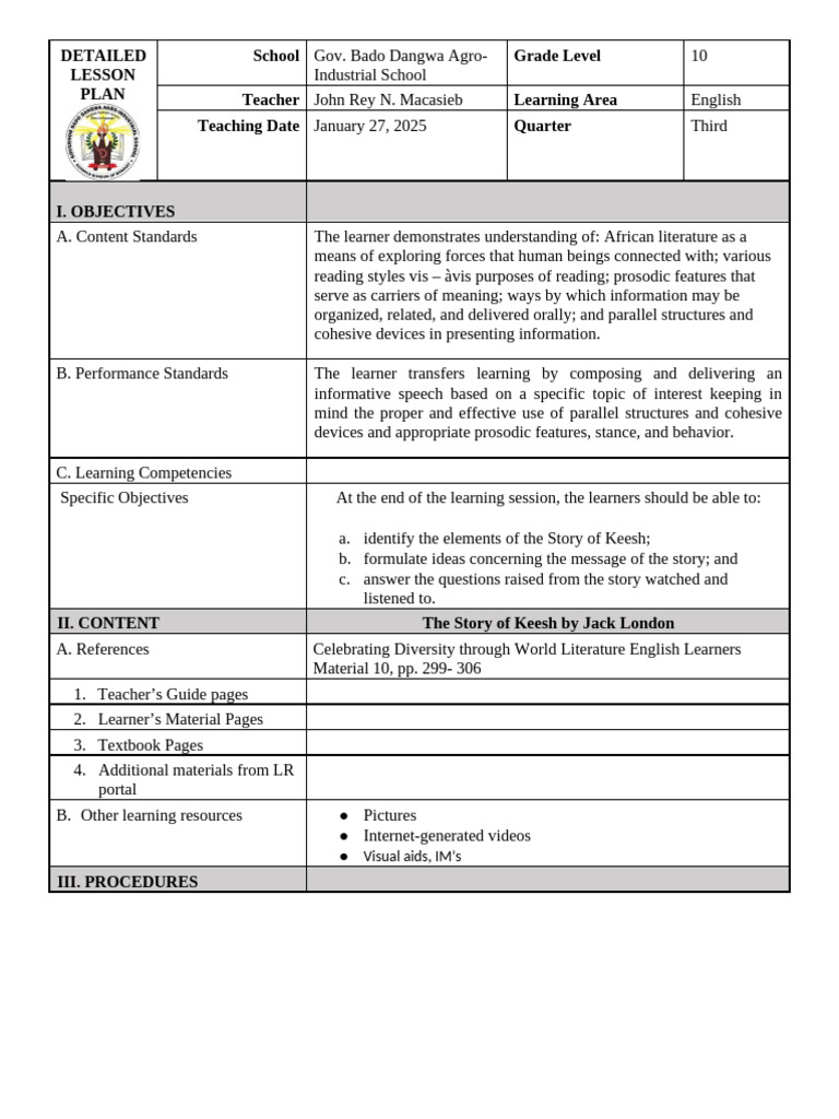 Grade 10 English Lesson Plan: Keesh | PDF | Plot (Narrative) | Learning