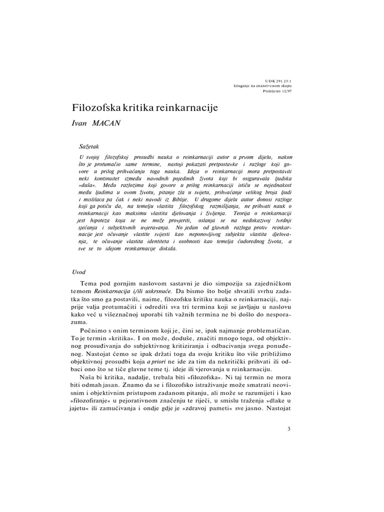 Filozofska Kritika Reinkarnacije: Ivan Macan | PDF