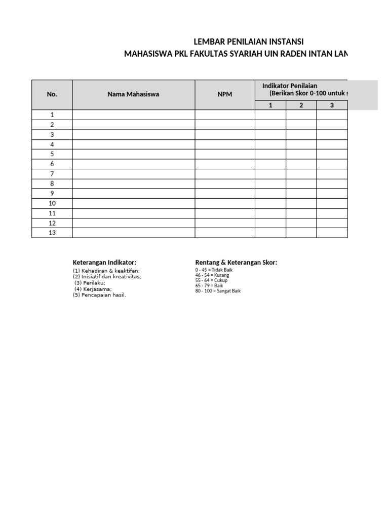 Form Penilaian Instansi PKL Mhs | PDF