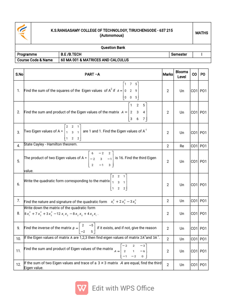 Matrices and Calculus-QB | PDF | Matrix (Mathematics) | Eigenvalues And Eigenvectors