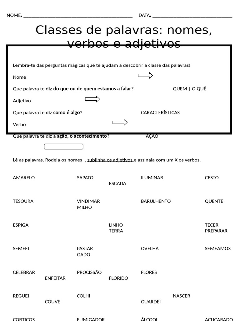 Classes de Palavras - Nomes, Verbos e Adjetivos | PDF