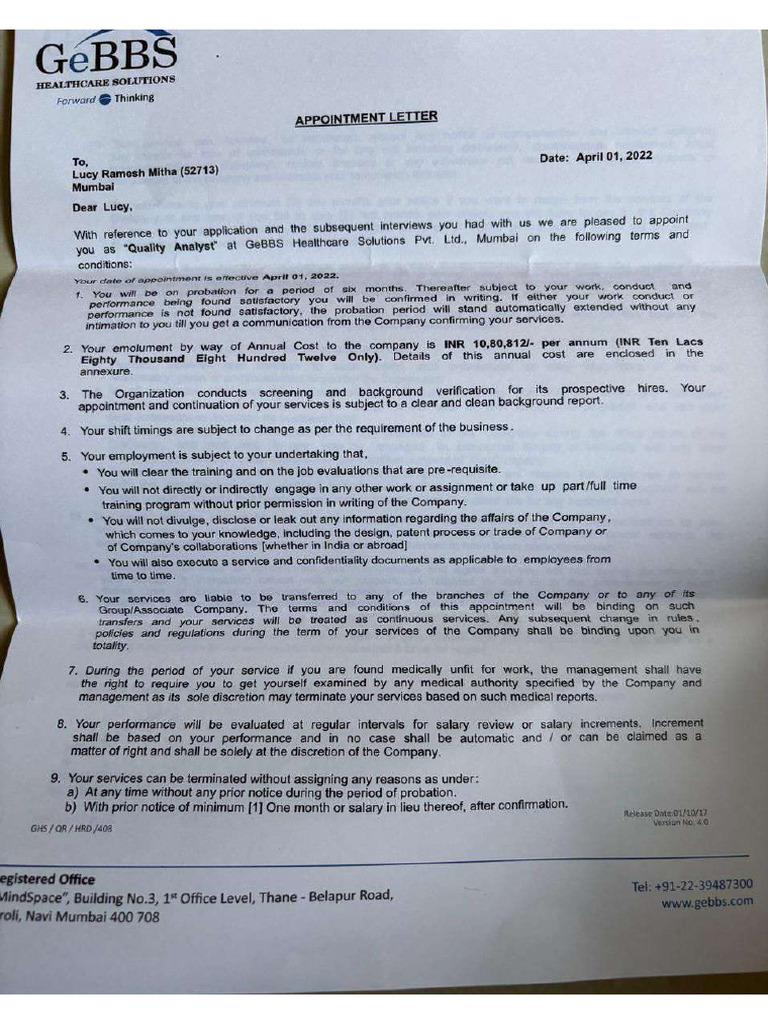 Gebbs Appointment Letter 2022 | PDF