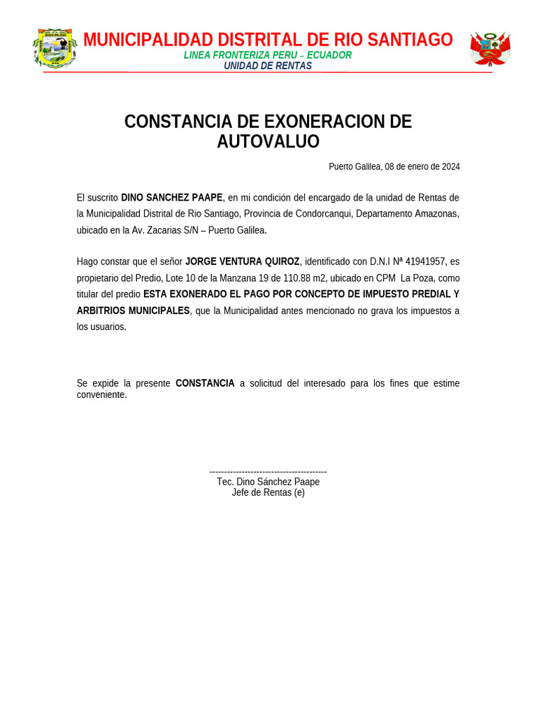 Constancia de Exoneracion de Autovaluo | PDF