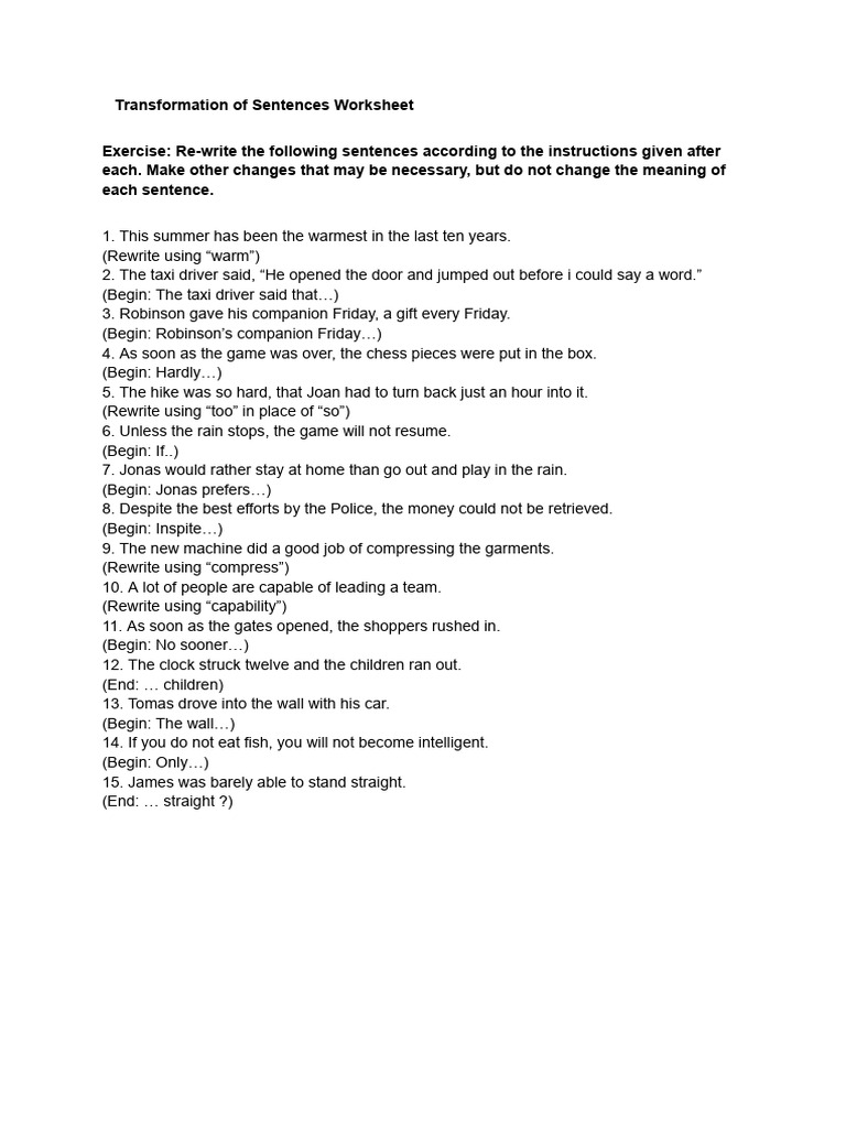 Sentence Transformation Worksheet | PDF
