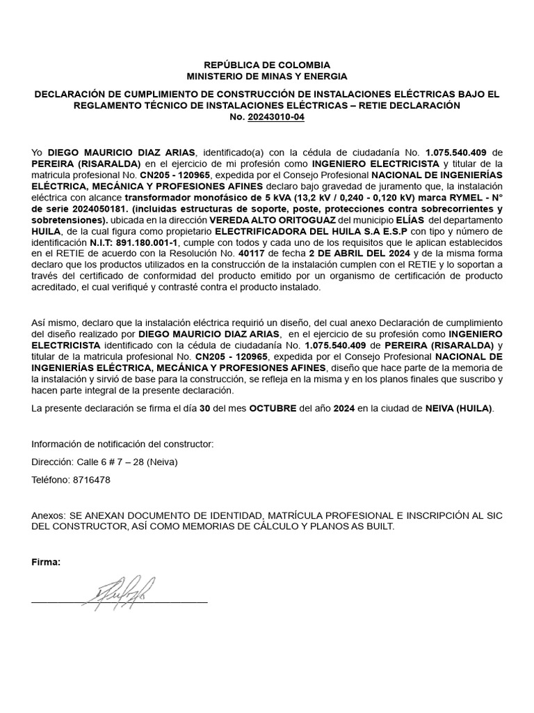 DECLARACION DE CUMPLIMIENTO DEL CONSTRUCTOR RETIE 2024 - ALTO ORITOGUAZ T6 5 KVA | PDF ...