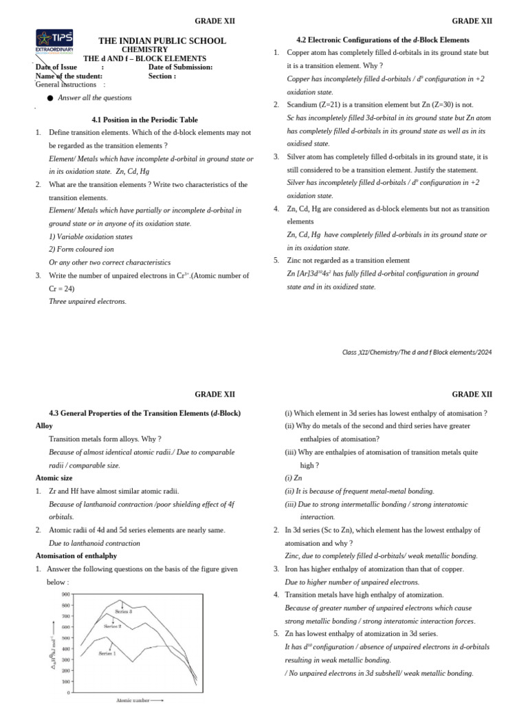 Chemistry - The D and F Block Elements - Grade 12 - 2024 - C - Marking ...
