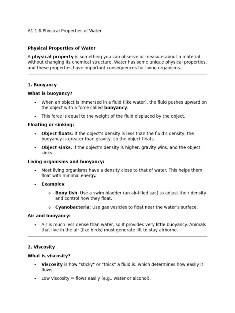 A1.1.6 Physical Properties of Water | PDF | Buoyancy | Water
