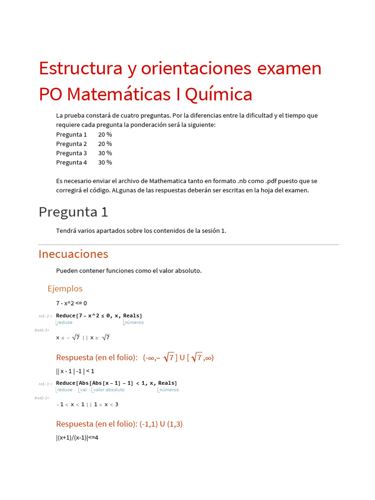 Estructura del examen de Matemáticas y Química | PDF