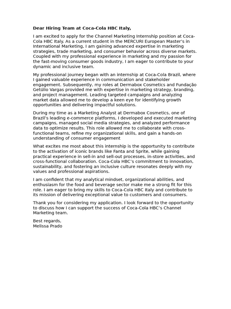 Coca Cola Marketing Cover Letter | PDF