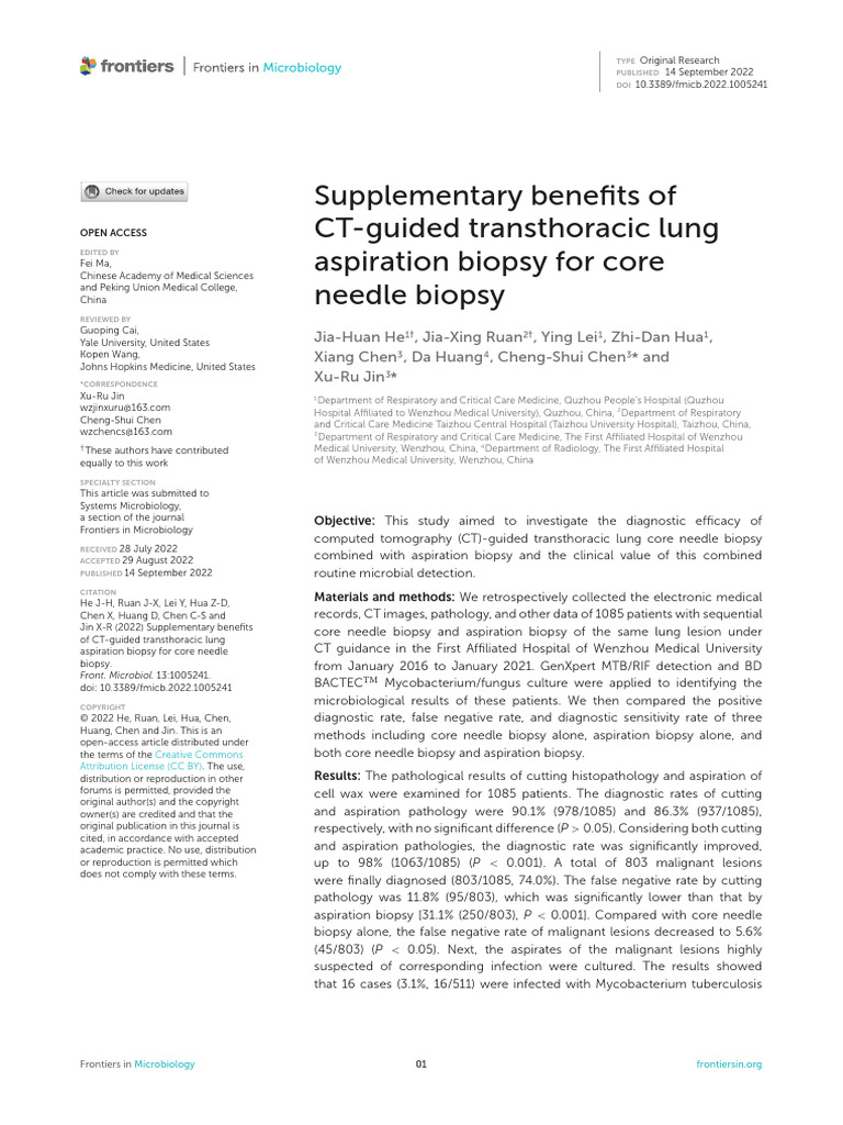 Supplementary Benefits of CT-guided Transthoracic Lung Aspiration ...