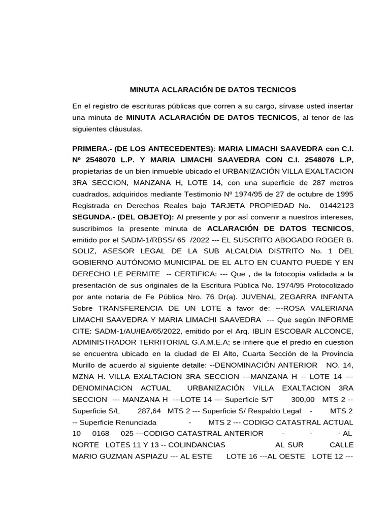 Minuta Aclaración de Datos Tecnico - Maria Limachi Saavedra | PDF